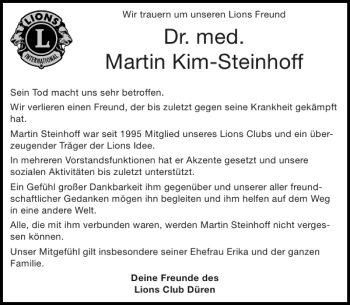 Traueranzeigen von Dr. med.Martin Kim-Steinhoff | Aachen gedenkt