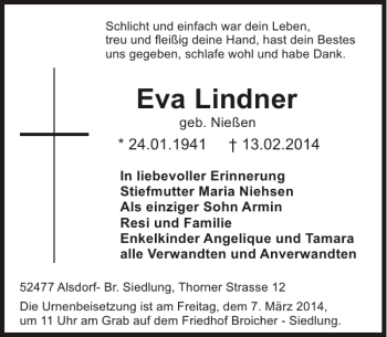 Traueranzeigen von Eva Lindner | Aachen gedenkt