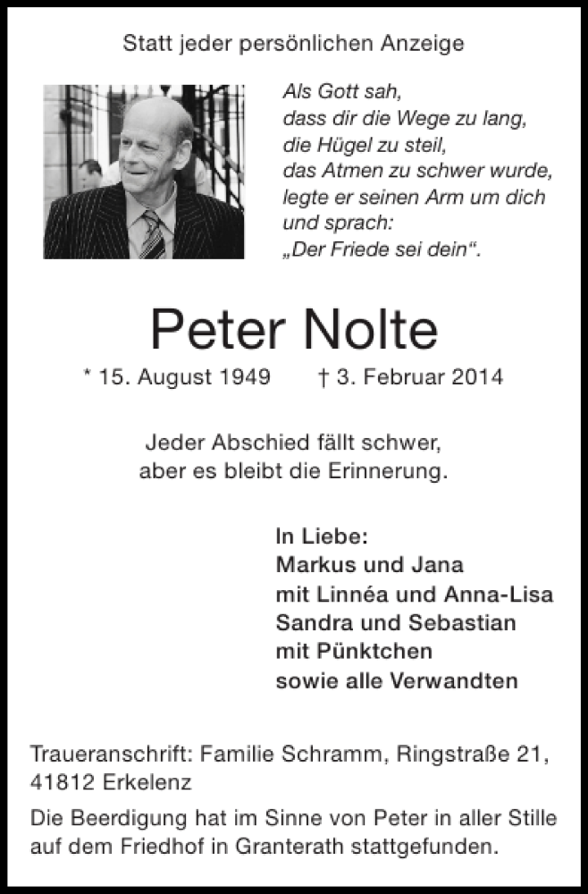 Traueranzeigen von Peter Nolte | Aachen gedenkt