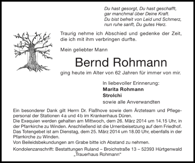 Traueranzeigen von Bernd Rohmann | Aachen gedenkt