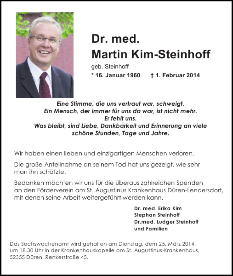 Traueranzeigen von Dr. med.Martin Kim-Steinhoff | Aachen gedenkt
