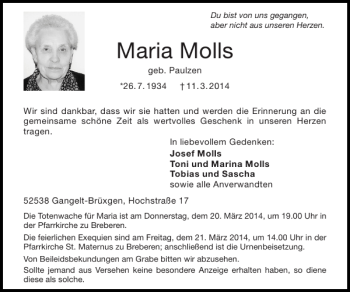 Traueranzeigen von Maria Molls | Aachen gedenkt