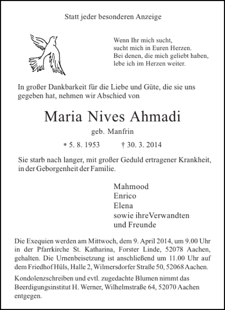 Traueranzeigen von Maria Nives Ahmadi | Aachen gedenkt
