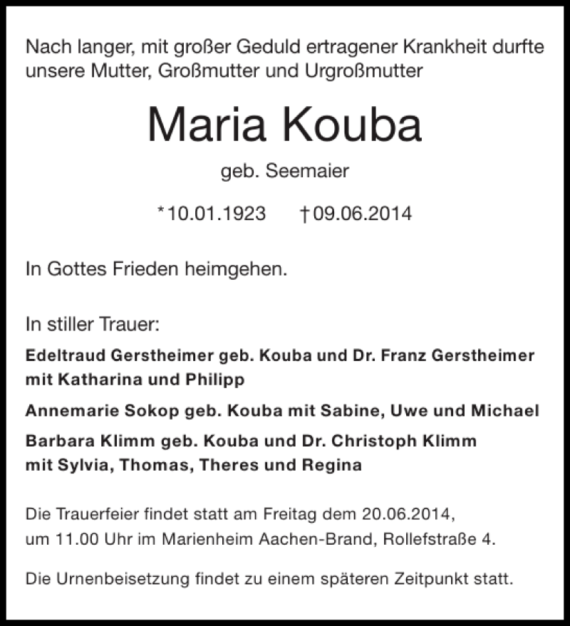 Traueranzeigen von Maria Kouba | Aachen gedenkt