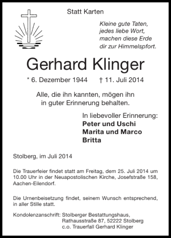 Traueranzeigen von Gerhard Klinger | Aachen gedenkt
