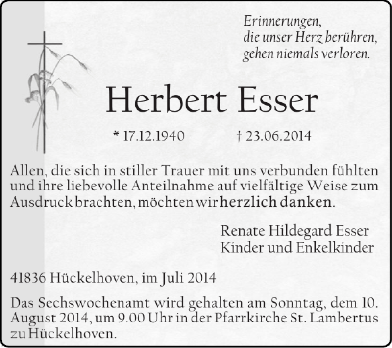 Traueranzeigen von Herbert Esser | Aachen gedenkt