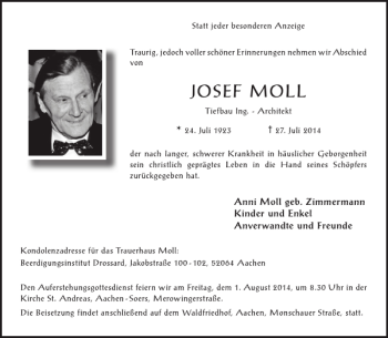 Traueranzeigen von JOSEF MOLL | Aachen gedenkt