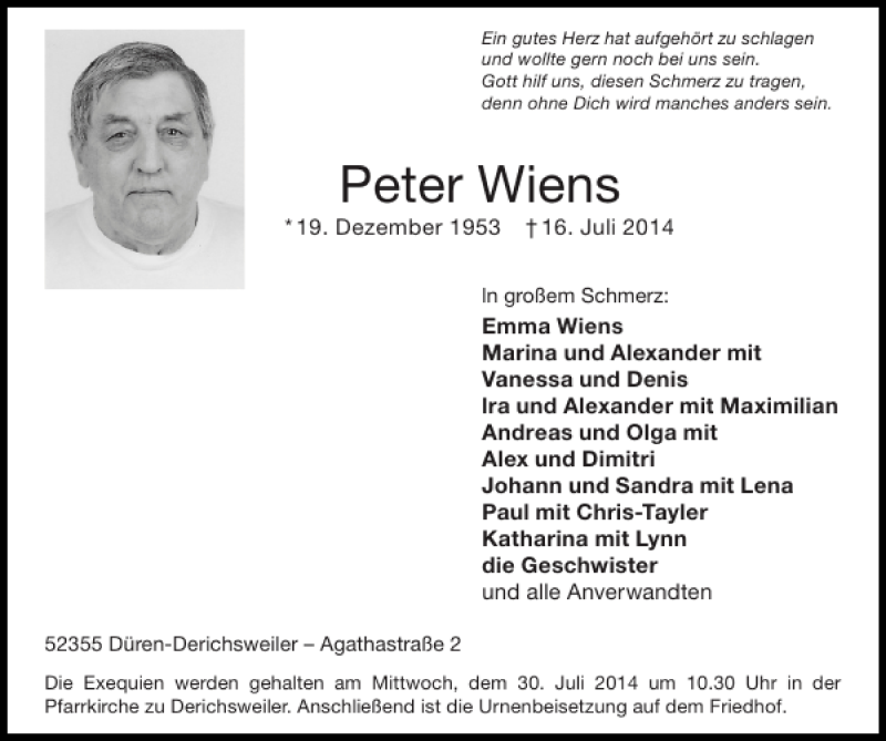 Traueranzeigen von Peter Wiens | Aachen gedenkt