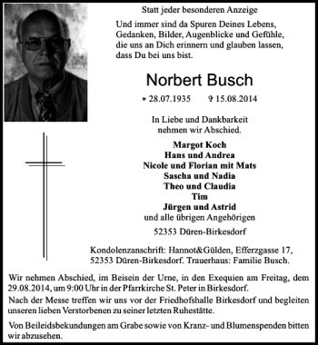 Traueranzeigen von Norbert Busch | Aachen gedenkt
