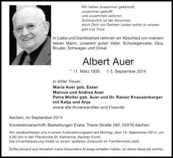 Traueranzeigen von Albert Auer | Aachen gedenkt
