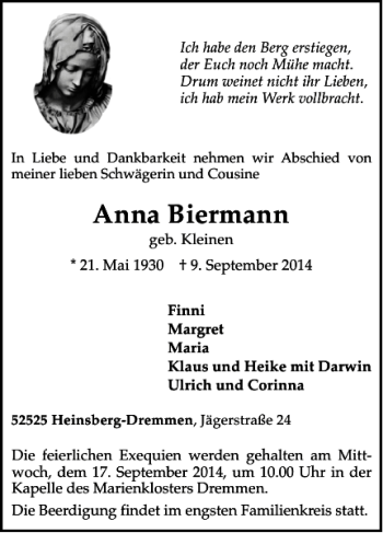 Traueranzeigen von Anna Biermann | Aachen gedenkt
