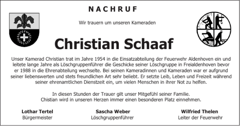 Traueranzeigen von Christian Schaaf | Aachen gedenkt