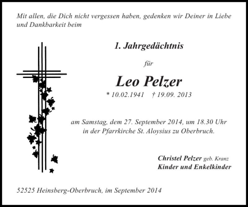 Traueranzeigen von Leo Pelzer | Aachen gedenkt