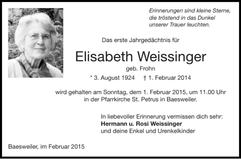 Traueranzeigen von Elisabeth Weissinger | Aachen gedenkt