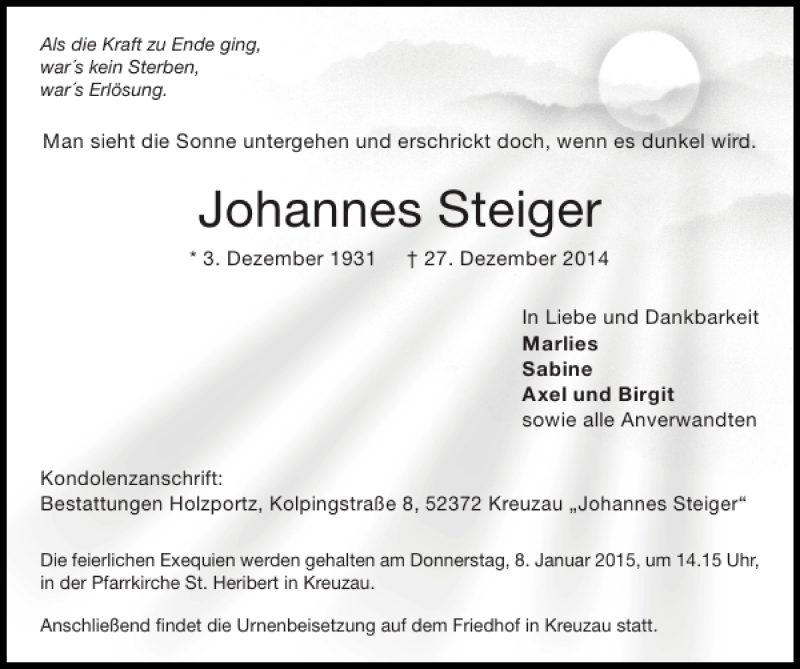 Traueranzeigen von Johannes Steiger | Aachen gedenkt Traueranzeigen von Johannes Steiger | Aachen gedenkt