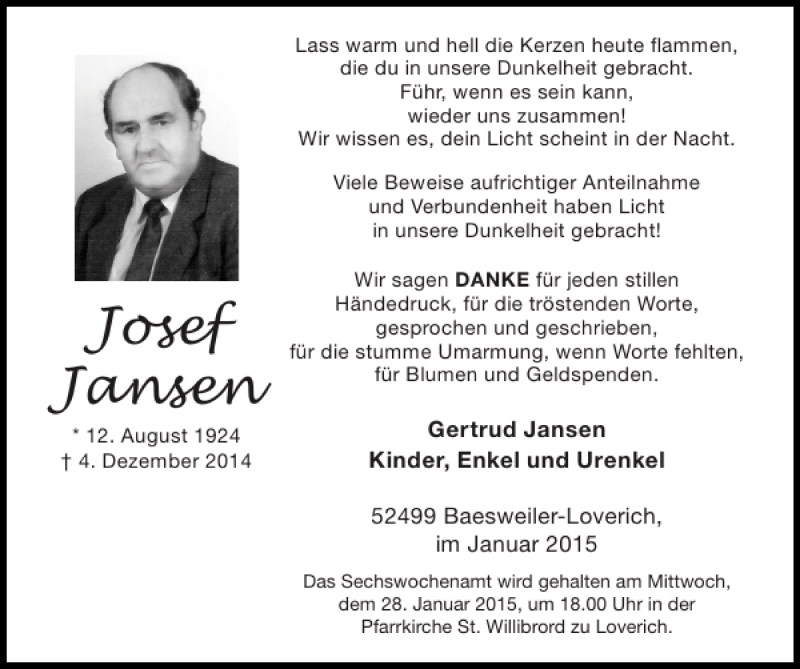 Traueranzeigen von Josef Jansen | Aachen gedenkt