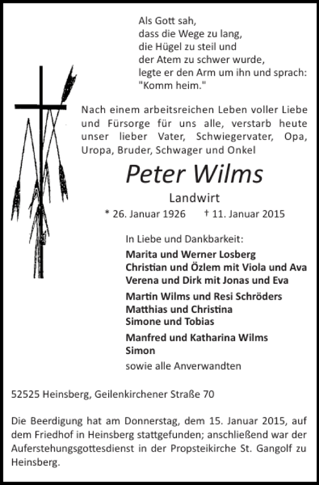 Traueranzeigen von Peter Wilms | Aachen gedenkt