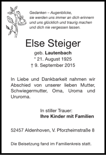 Traueranzeigen von Else Steiger | Aachen gedenkt Traueranzeigen von Else Steiger | Aachen gedenkt