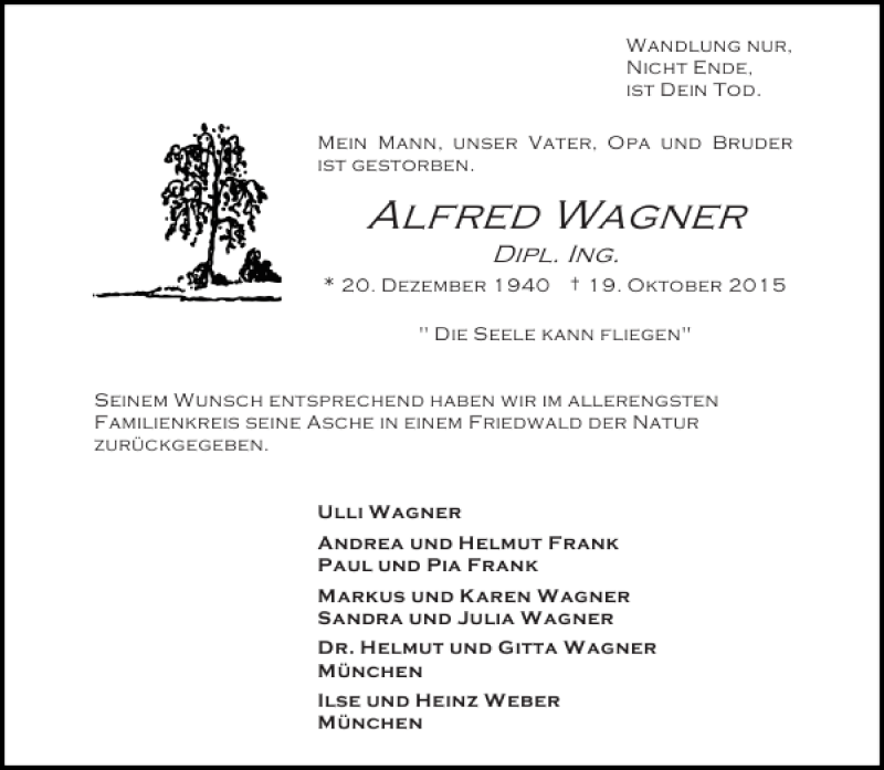 Traueranzeigen von Alfred Wagner | Aachen gedenkt