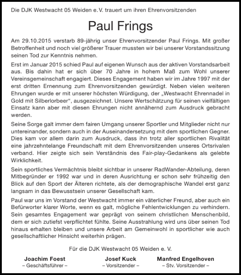Traueranzeigen von Paul Frings | Aachen gedenkt