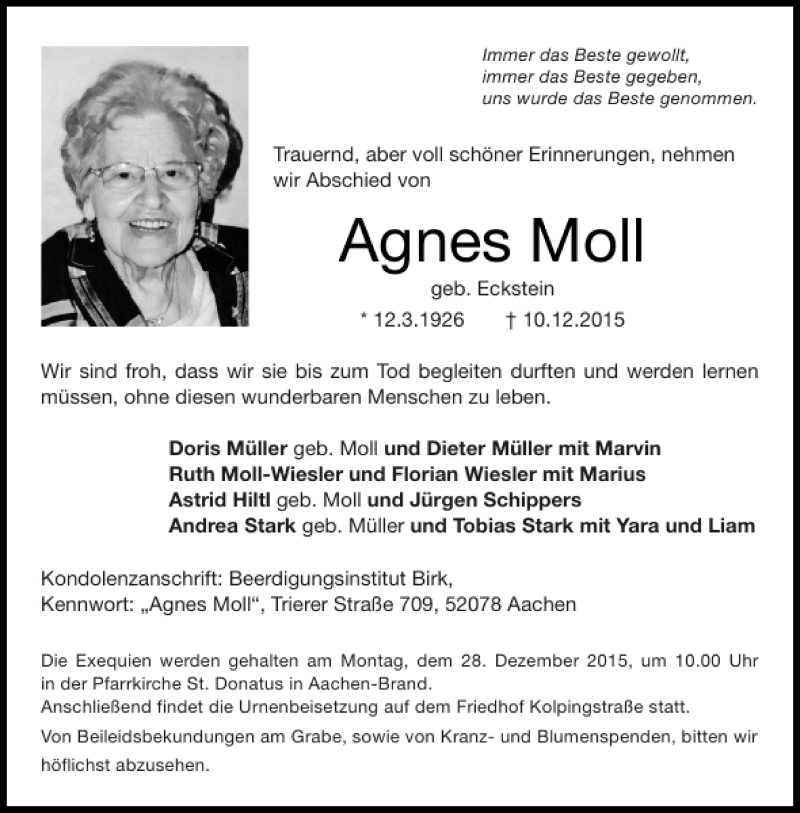 Traueranzeigen von Agnes Moll | Aachen gedenkt