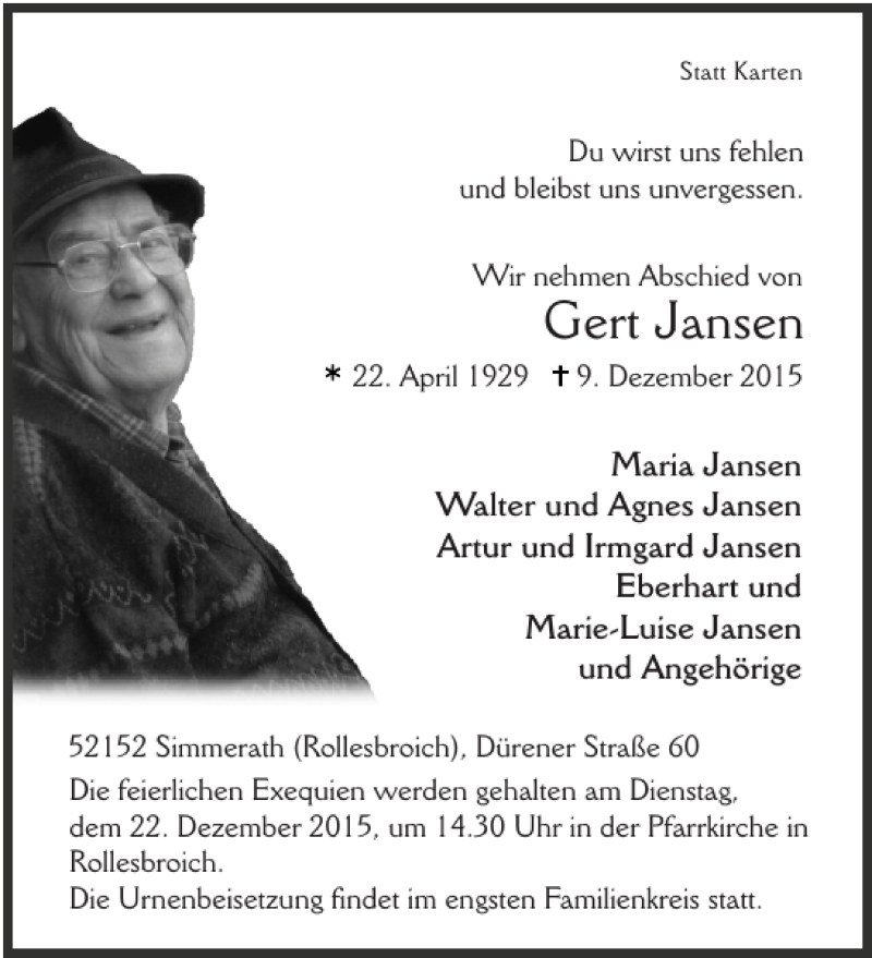 Traueranzeigen von Gert Jansen | Aachen gedenkt