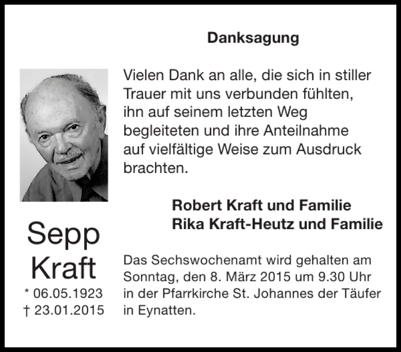 Traueranzeigen von Sepp Kraft | Aachen gedenkt