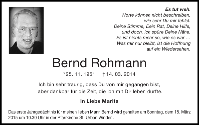 Traueranzeigen von Bernd Rohmann | Aachen gedenkt