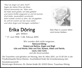 Traueranzeigen von Erika Döring | Aachen gedenkt