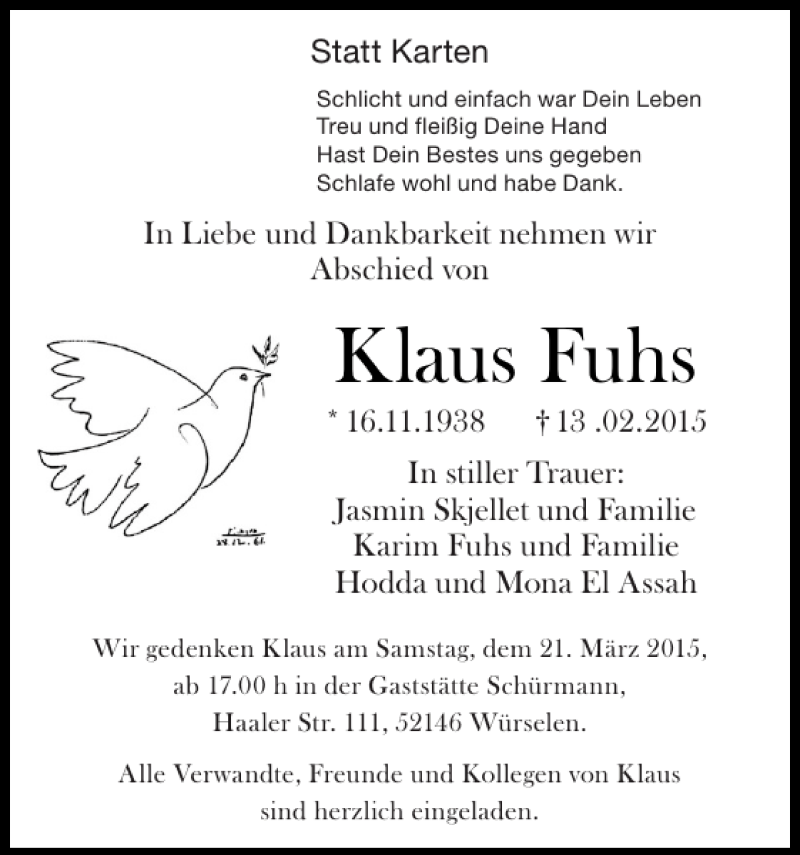 Traueranzeigen von Klaus Fuhs | Aachen gedenkt