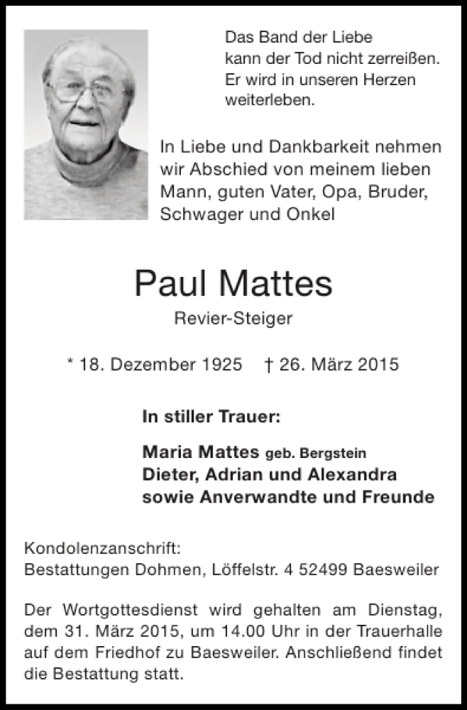 Traueranzeigen von Paul Mattes | Aachen gedenkt