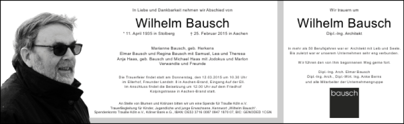 Traueranzeigen von Wilhelm Bausch | Aachen gedenkt