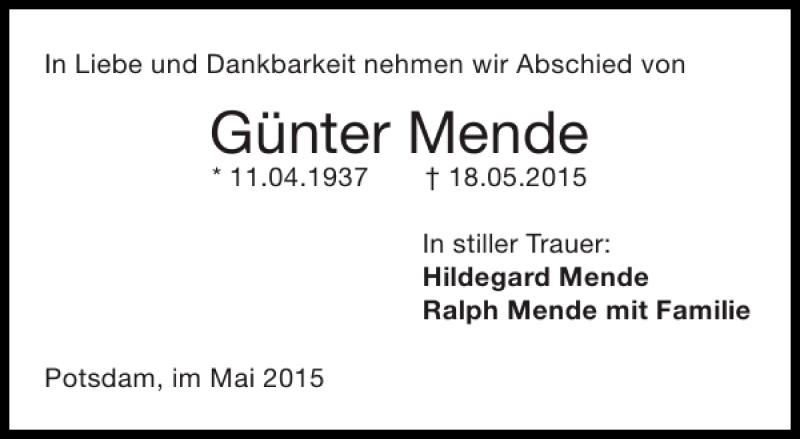 Traueranzeigen von Günter Mende | Aachen gedenkt