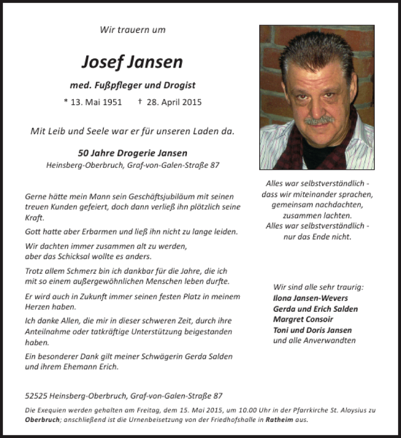 Traueranzeigen von Josef Jansen | Aachen gedenkt