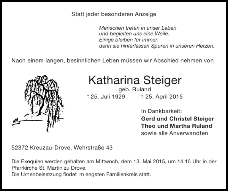 Traueranzeigen von Katharina Steiger | Aachen gedenkt Traueranzeigen von Katharina Steiger | Aachen gedenkt
