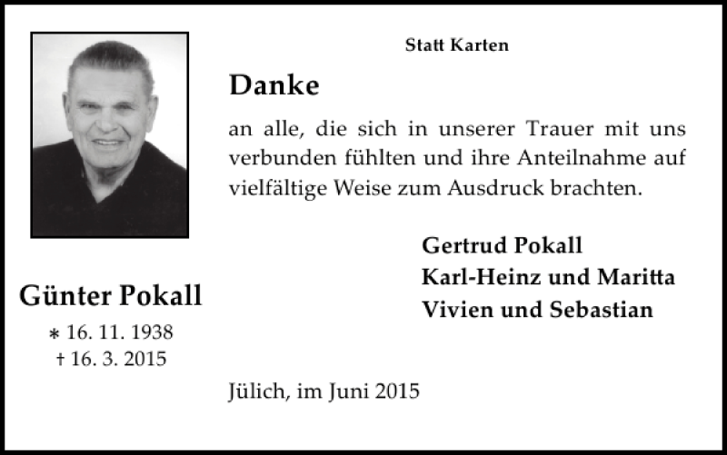 Traueranzeigen von Günter Pokall | Aachen gedenkt