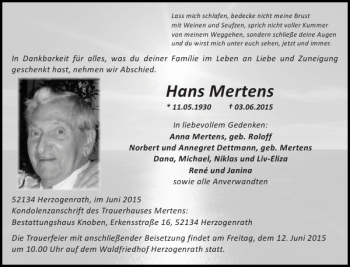 Traueranzeigen von Hans Mertens | Aachen gedenkt