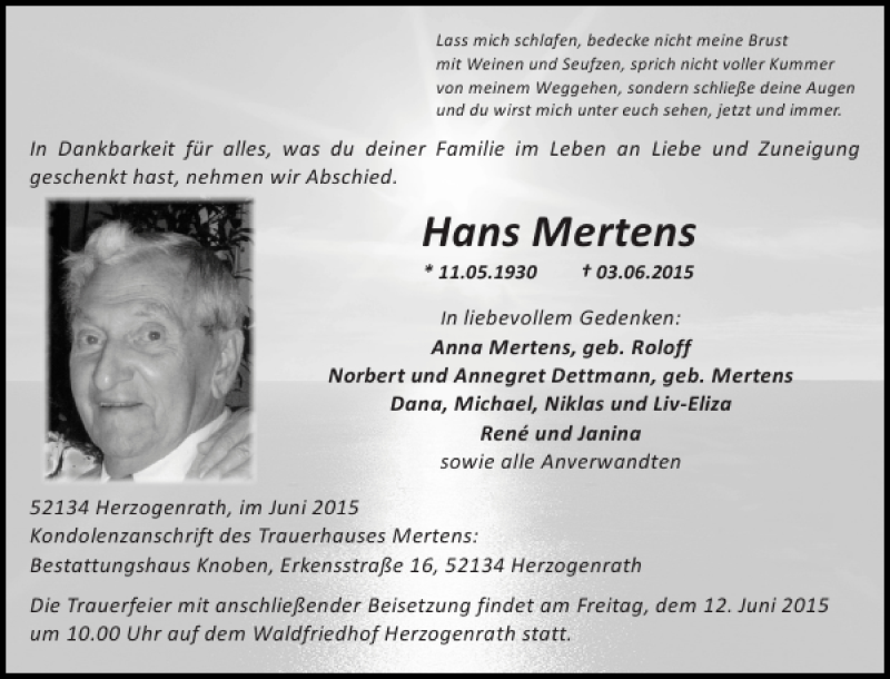 Traueranzeigen von Hans Mertens | Aachen gedenkt
