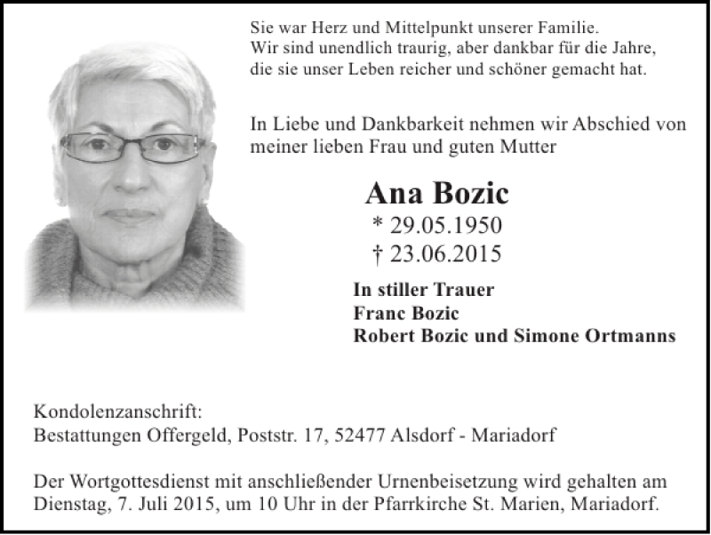 Traueranzeigen von Ana Bozic | Aachen gedenkt