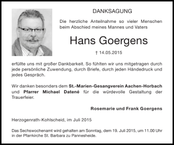 Traueranzeigen von Hans Goergens | Aachen gedenkt