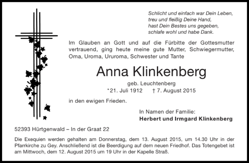 Traueranzeigen von Anna Klinkenberg | Aachen gedenkt