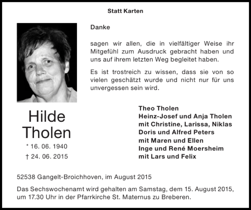 Traueranzeigen von Hilde Tholen | Aachen gedenkt
