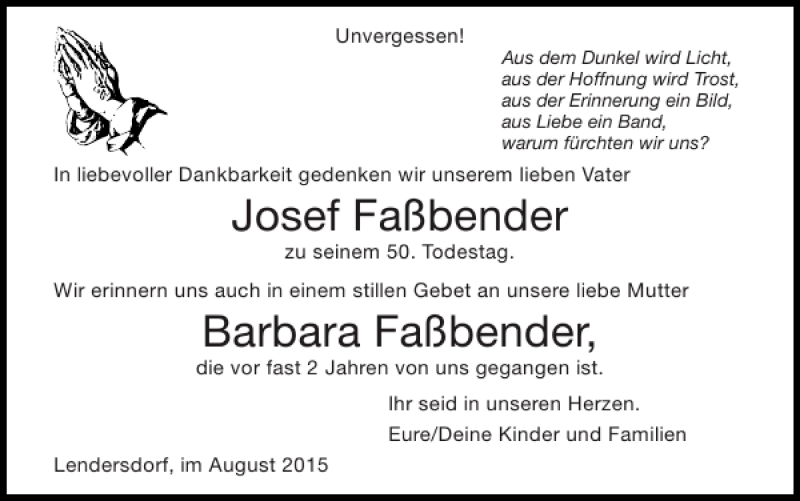 Traueranzeigen von Josef Faßbender Barbara Faßbender | Aachen gedenkt