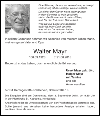 Traueranzeigen von Walter Mayr | Aachen gedenkt