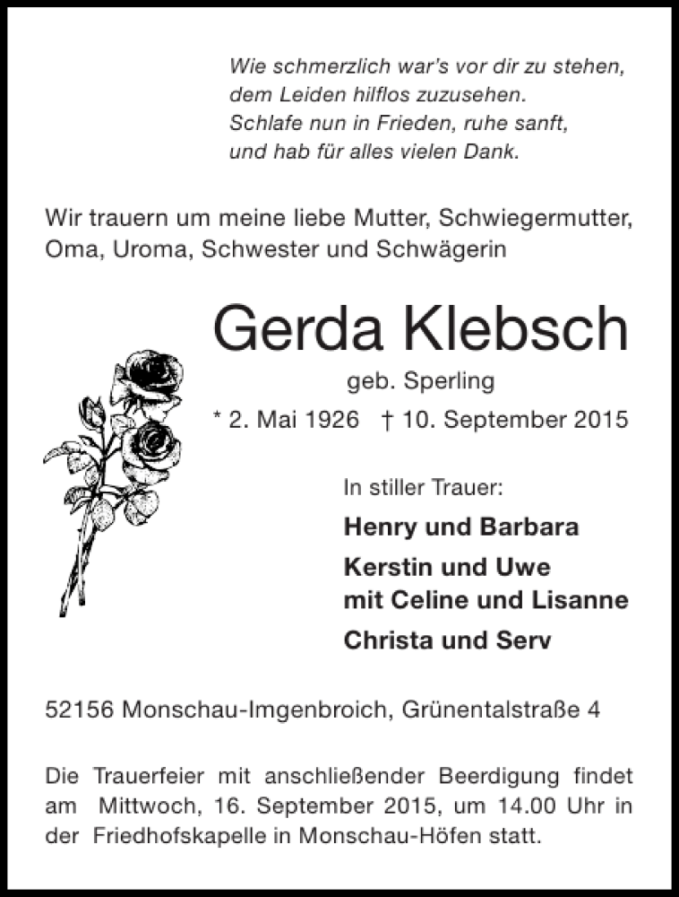 Traueranzeigen von Gerda Klebsch | Aachen gedenkt