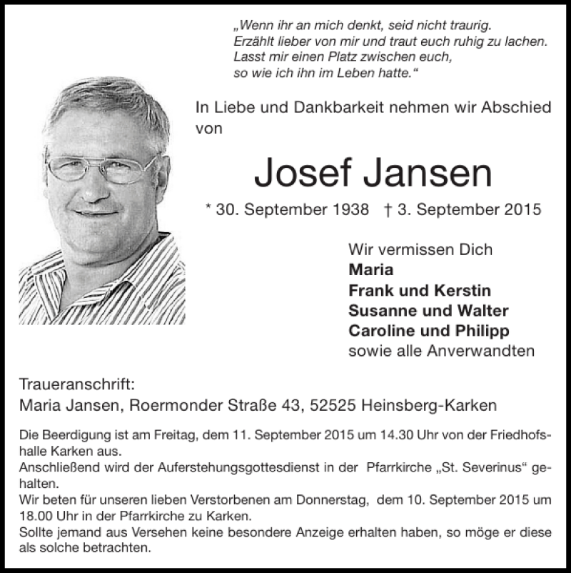 Traueranzeigen von Josef Jansen | Aachen gedenkt