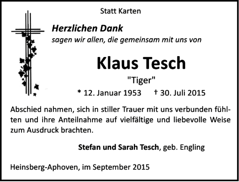 Traueranzeigen von Klaus Tesch | Aachen gedenkt