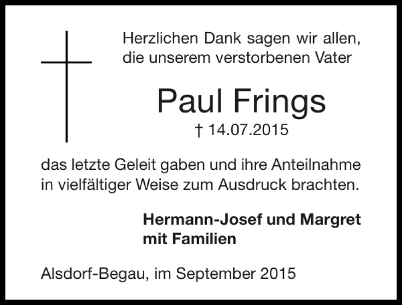 Traueranzeigen von Paul Frings | Aachen gedenkt