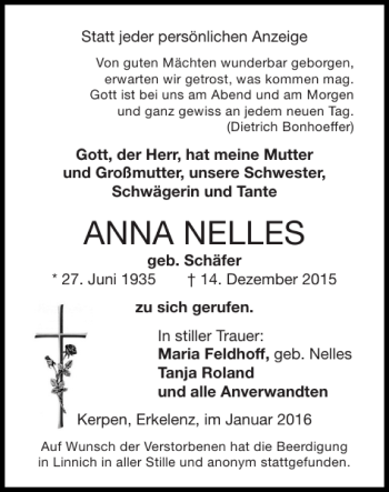 Traueranzeigen von ANNA NELLES | Aachen gedenkt
