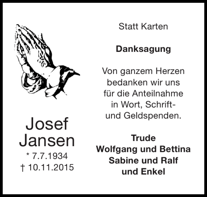 Traueranzeigen von Josef Jansen | Aachen gedenkt